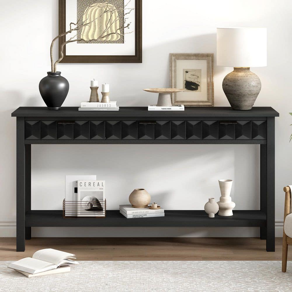 JUJABU 60 in. Black Rectangle MDF Console Table with Drawers Honeycomb ...