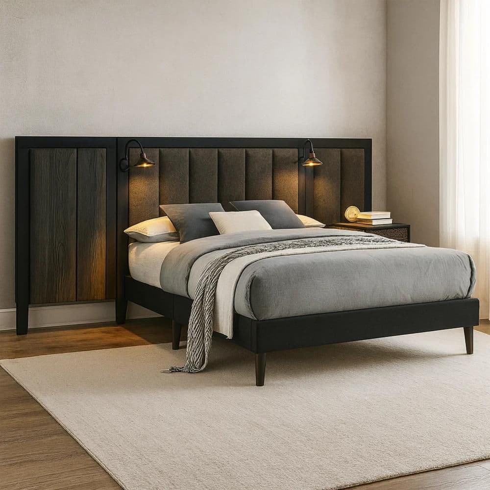 Benjara Fel Brown Wood Frame Queen Panel Bed with Upholstery Headboard ...