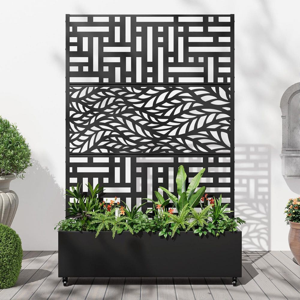 Dovelina 73 in. Black 3-Panel Metal Iron Planter Box with Attached ...