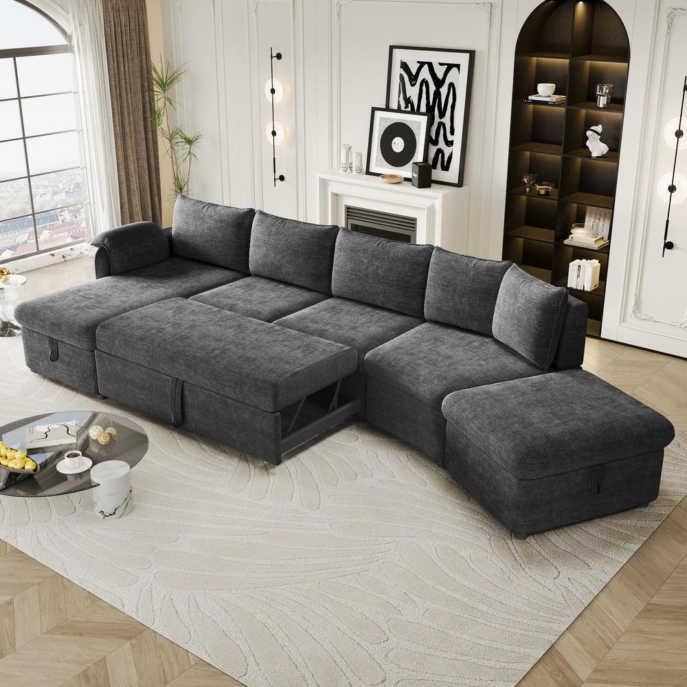 Harper & Bright Designs 147 in. L-shaped Linen Conversible Sectional Sofa in Gray with Storage ...