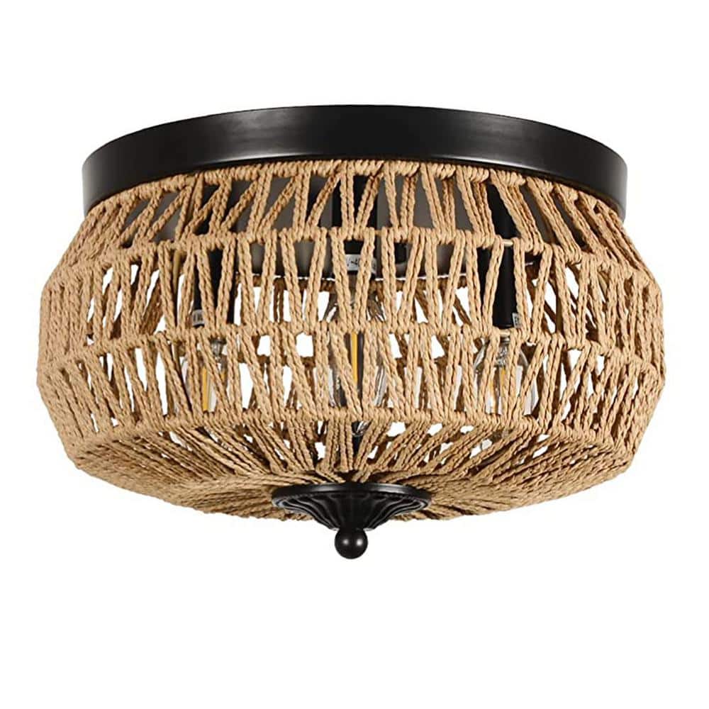 SEEUTEK Annecy 12.6 in. 3-Light Brown Woven Rattan Semi-Flush Mount with Shade and No Bulbs ...