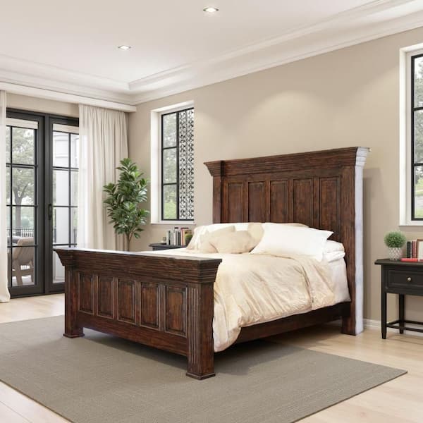 Benjara Abi Brown Wood Frame Queen Size Panel Bed with Classic Molded ...