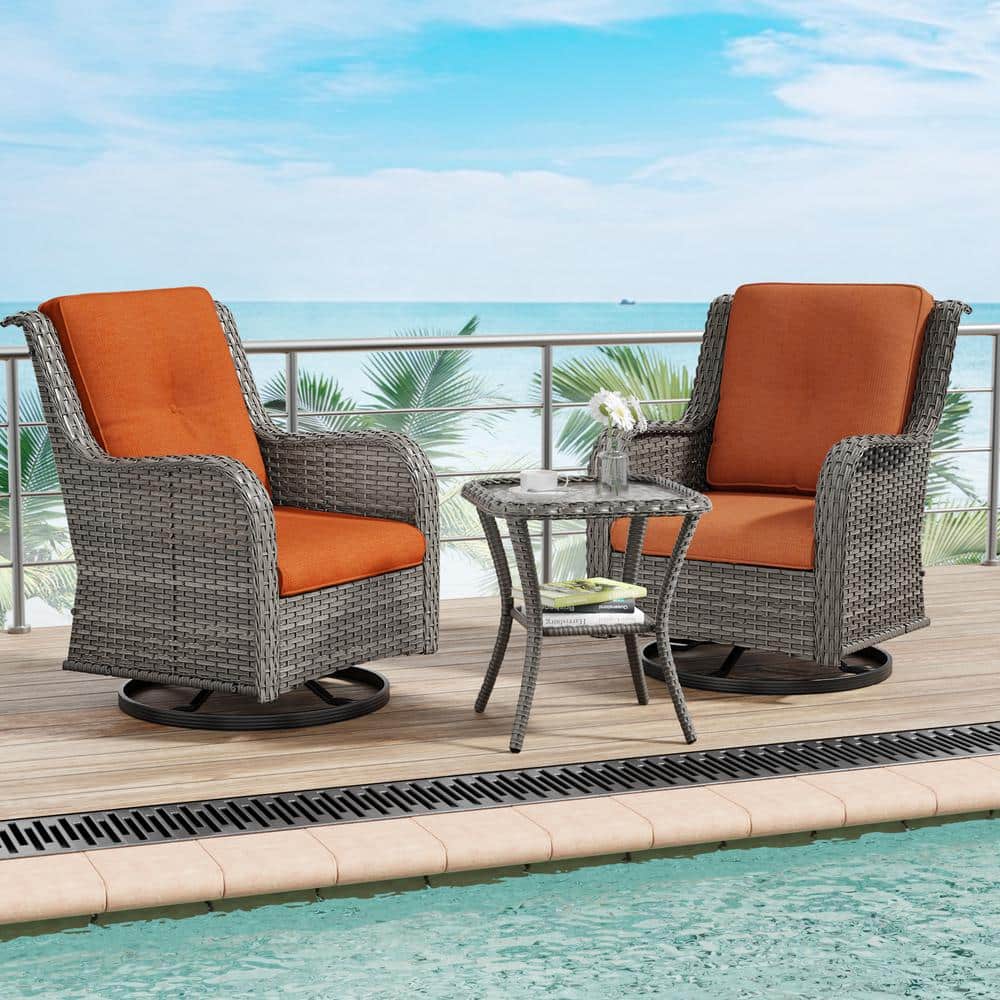 Gardenbee 3-Piece Wicker Patio Swivel Outdoor Rocking Chair Set with ...