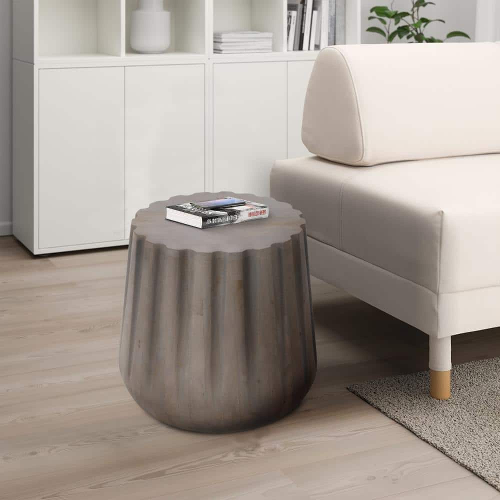 THE URBAN PORT 18 in. Gray Round Wood End Table with Scalloped Detail ...