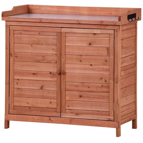 39 in. Wooden Outdoor Potting Table Storage Cabinet, Rustic Garden ...