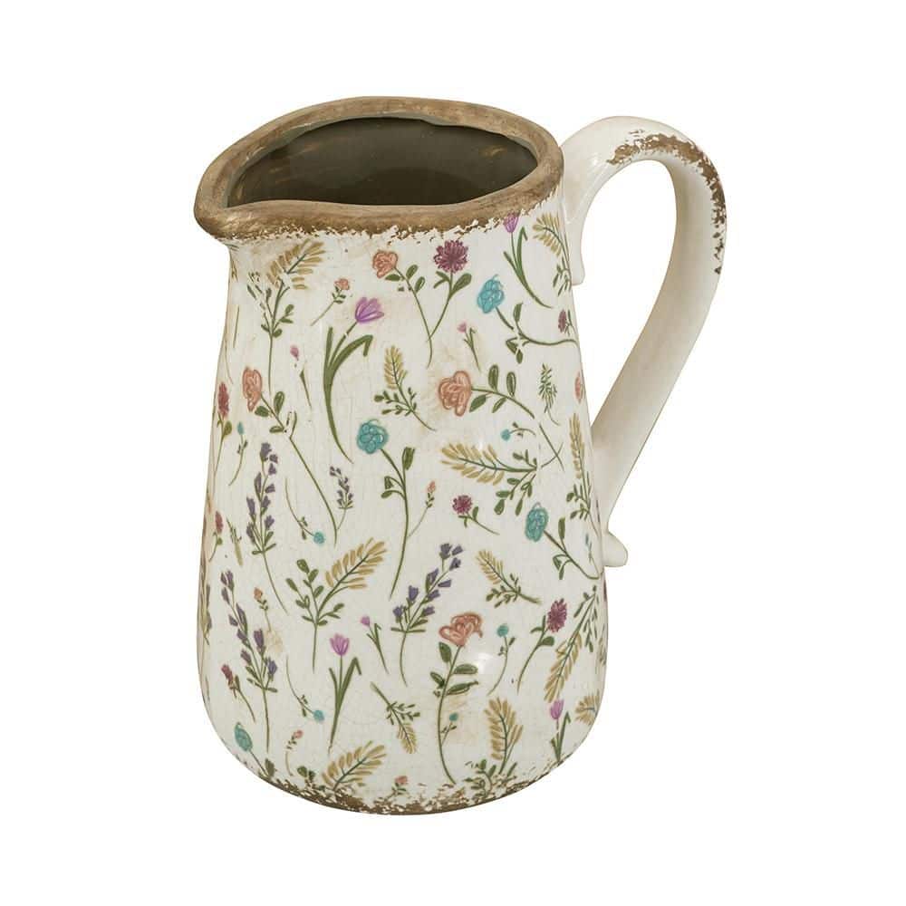 9 in. H White Ceramic Round Decorative Vase with Floral Motifs and ...