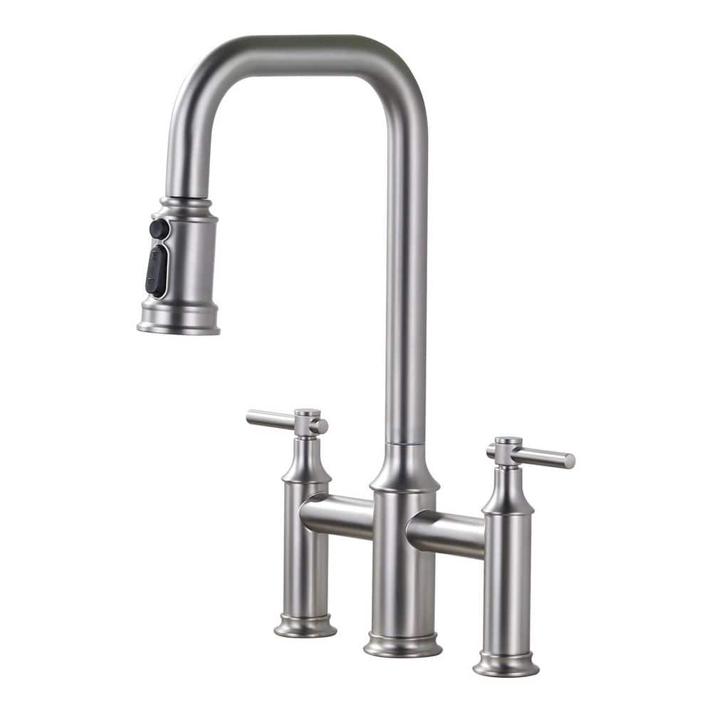 IVIGA Brass Double Handle Bridge Kitchen Faucet with 3-Mode Pull-Down ...