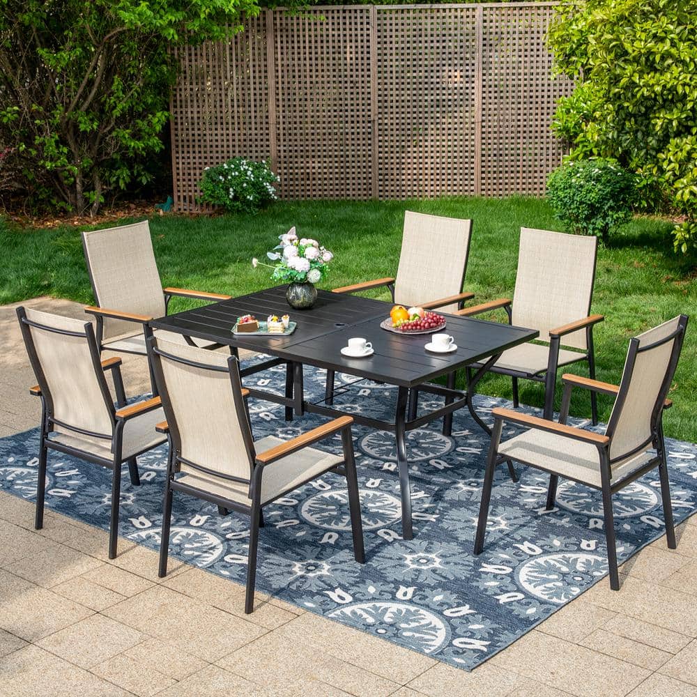 PHI VILLA Black 7-Piece Metal Outdoor Patio Dining Set with Slat ...