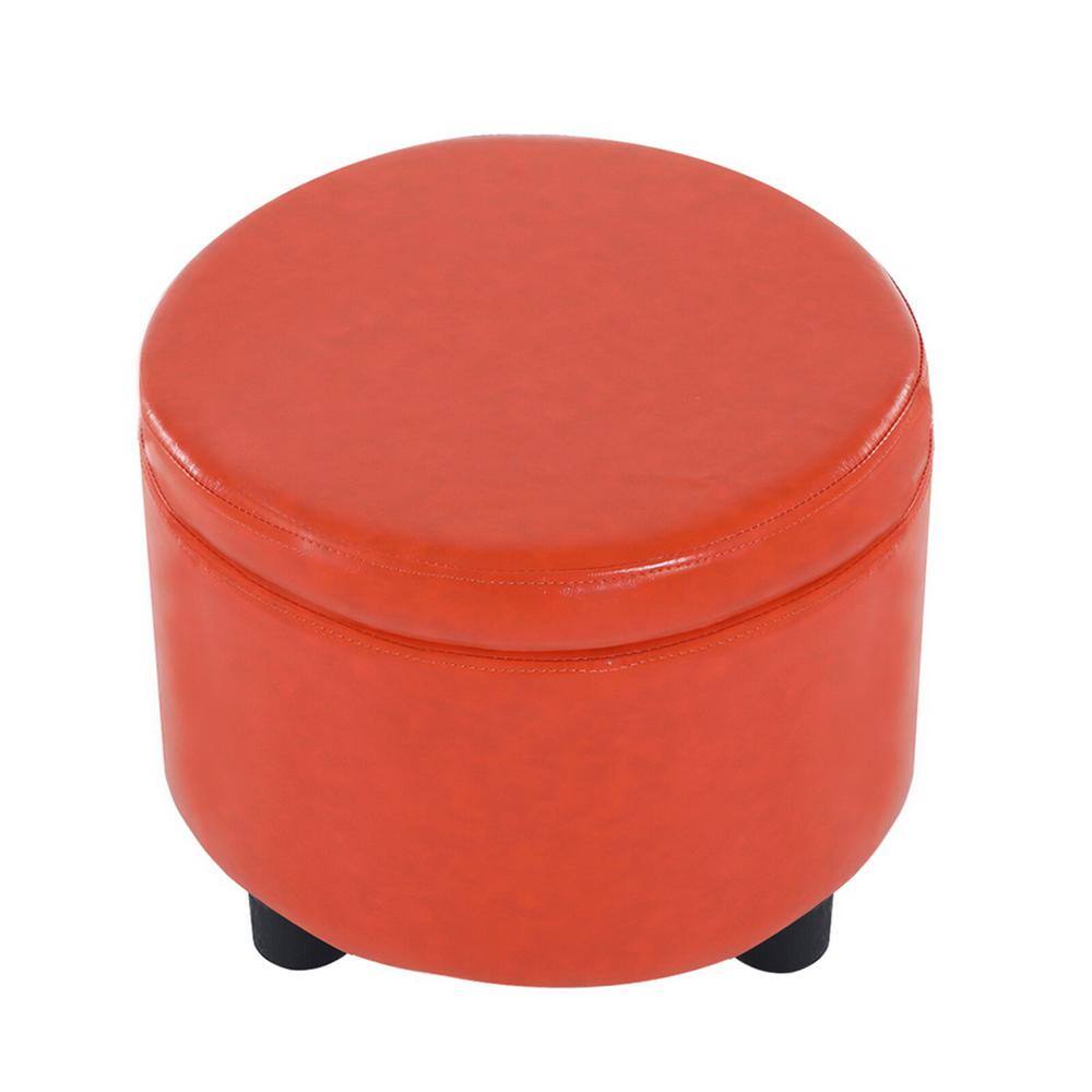 Yangming 16 in. Orange Red Round Faux Leather Storage Ottoman TN-YL14 ...