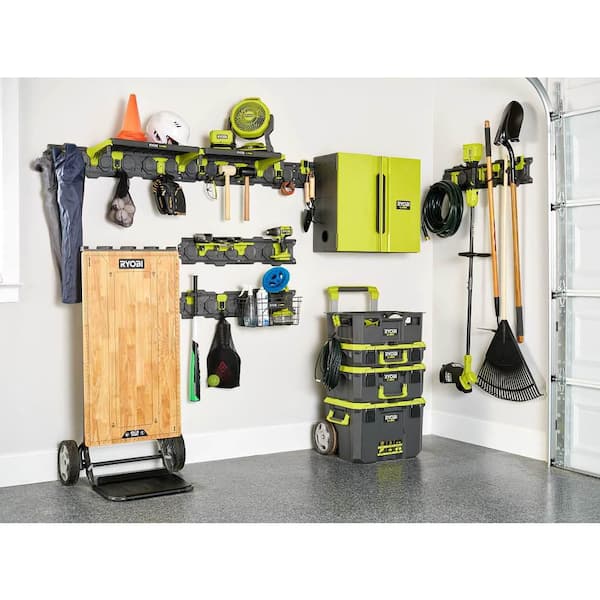 RYOBI Wall Mounted Stow Away Worktable with USB Lithium Clamp Fan Kit ...