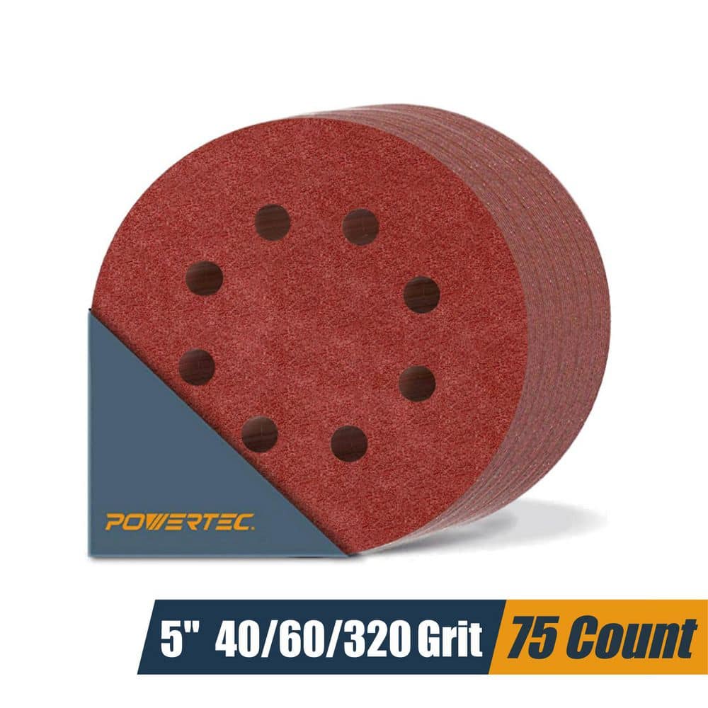 ‎POWERTEC 5 in. 8 Hole Hook and Loop Sanding Discs 40/60/320 Grits for ...