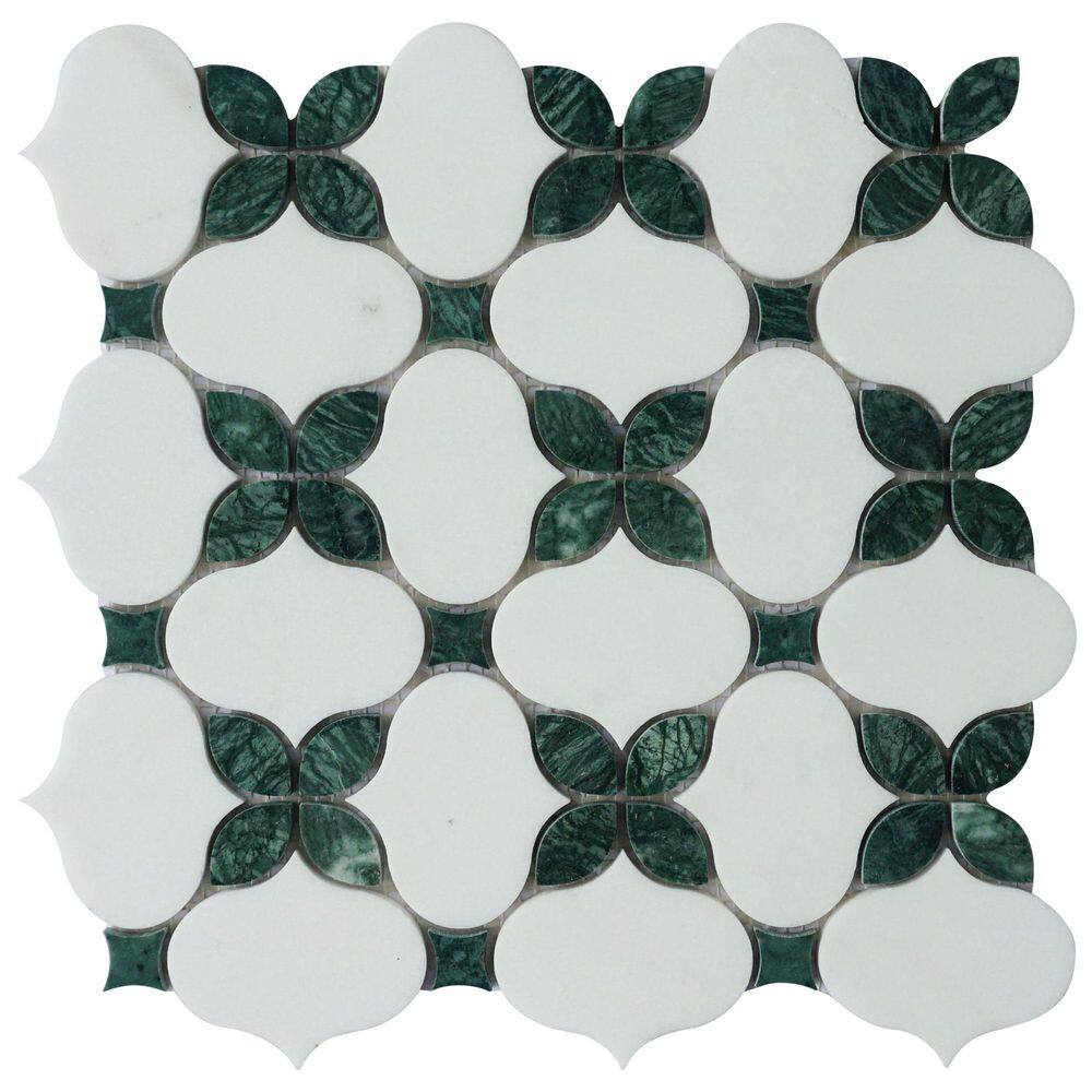 MOLOVO Clover Bloom White and Green 11.82 in. x 11.82 Floral Polished ...