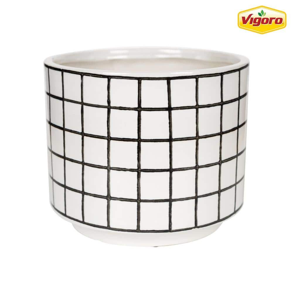 Vigoro 8 in. Westerly Small White/Black Grid Ceramic Pot (8 in. D x 6.7 ...