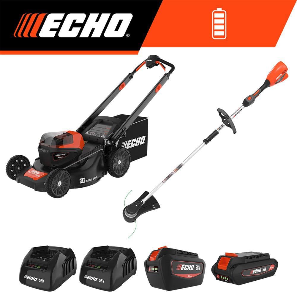 ECHO 56V Cordless Battery Lawn Mower and String Trimmer Combo Kit w/ 2 ...