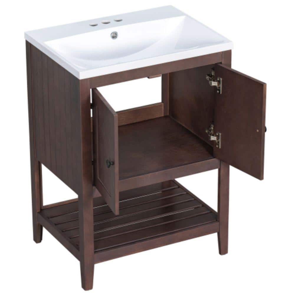 Sanlan BY07 24.00 in. W x 18.00 in. D x 33.60 in. H Freestanding Bath Vanity in Brown with White ...