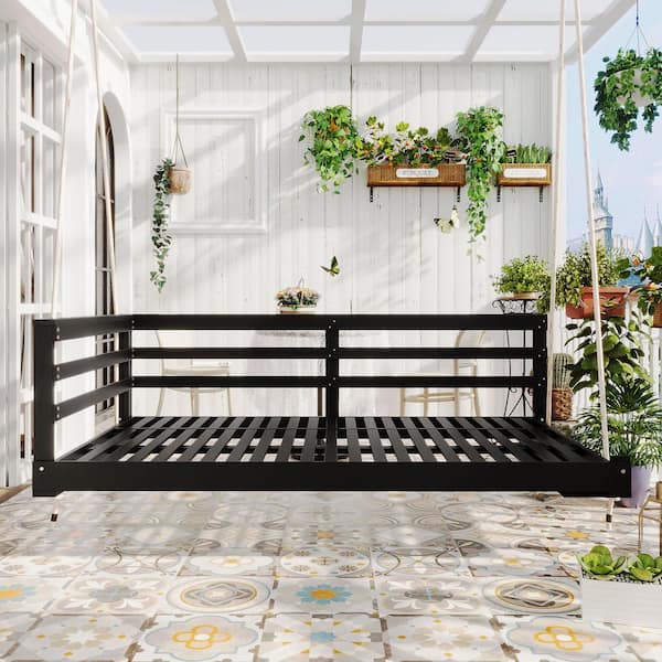 Country Patio Twin XL 80 in. x 40.9 in. Black Wood Porch Swing Bed with ...