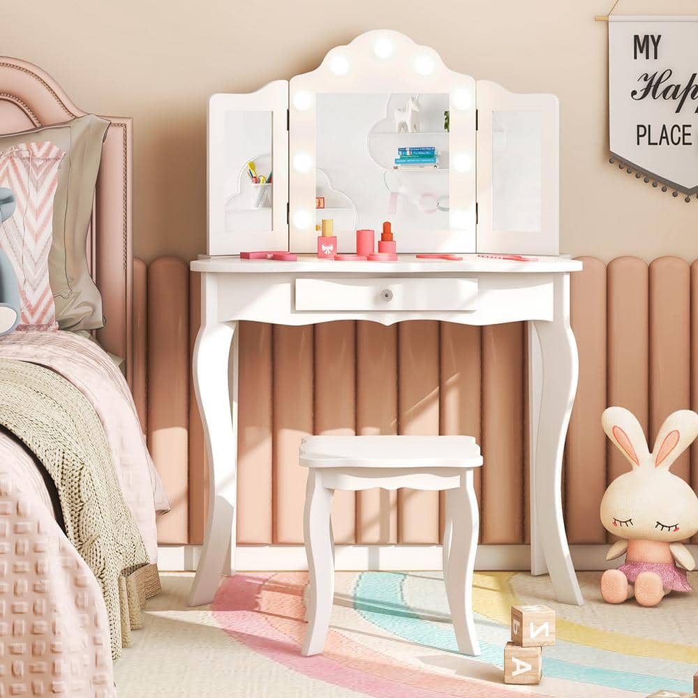 Costway Kid Vanity Table Stool Set Tri-Folding Mirror Adjustable 3 ...