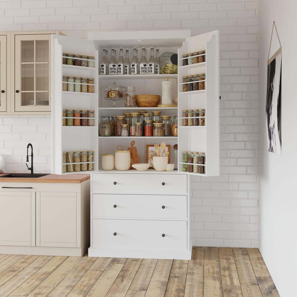 XUJMK 35 in. W x 18 in. D x 77 in. H White Linen Cabinet, Farmhouse Kitchen Pantry, Freestanding ...
