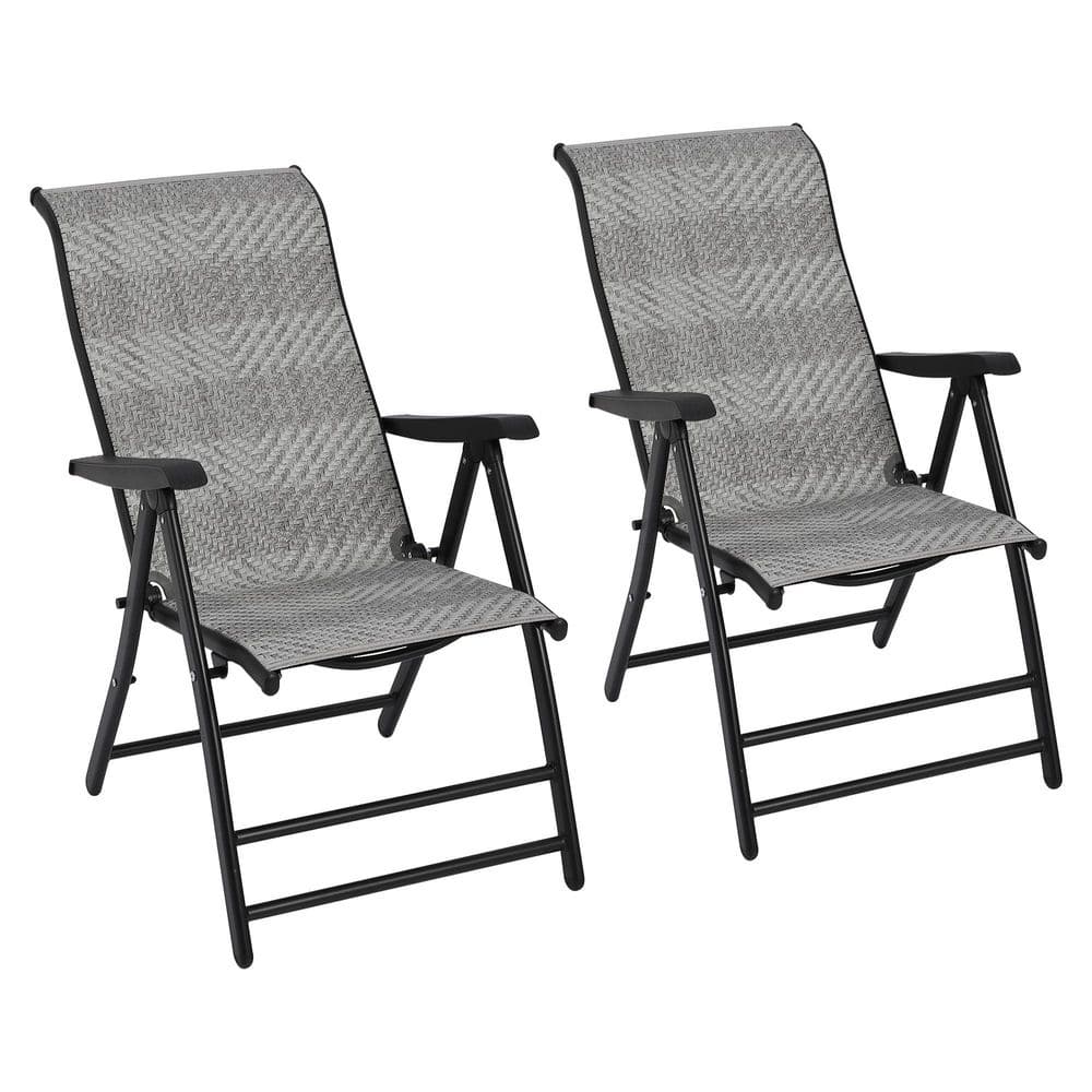 Black Iron Folding Outdoor Lounge Chair with Grey PE Rattan Seat ...