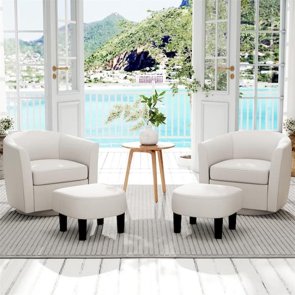 Costway Creamy White Linen Fabric Swivel Barrel Chair Set of 1 with ...