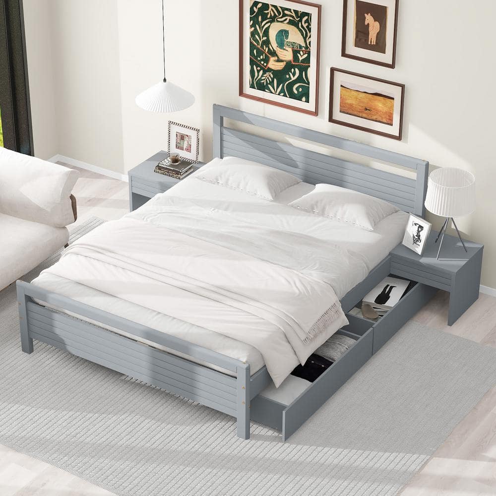 Qualler Gray Wooden Frame Queen Size Platform Bed with 2 Beside Tables ...