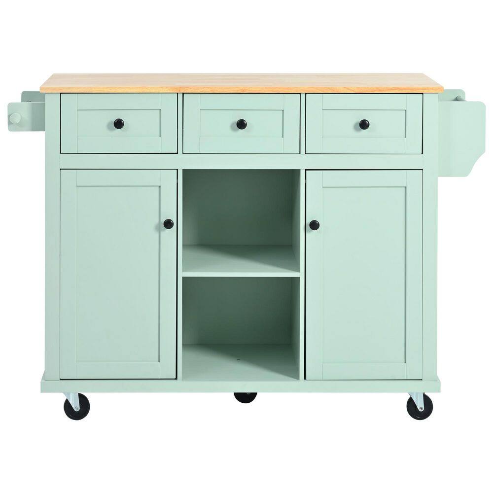 Tahanbath Mint Green Kitchen Cart with Rubber Wood Drop-Leaf Countertop ...