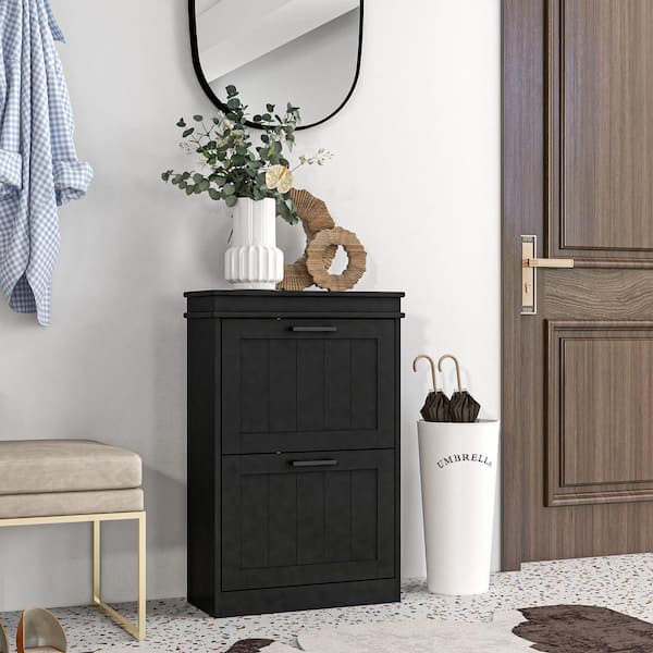 Homcom Shoe Cabinet for Entryway Narrow Shoe Rack Storage Organizer with 2 Flip Drawers and Adjustable Shelves for 10 Pairs of Shoes Black