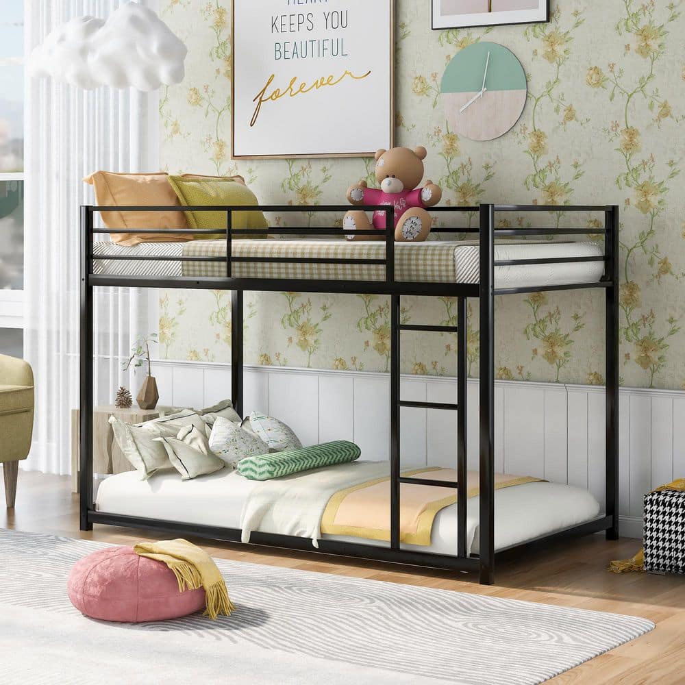 GODEER Black Twin Over Twin Metal Bunk Bed Low Bunk Bed with Ladder ...