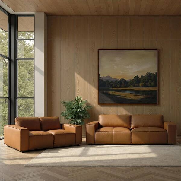 Armen Living Clayton 2-Piece Living Room Set in Ochre Top Grain Genuine ...