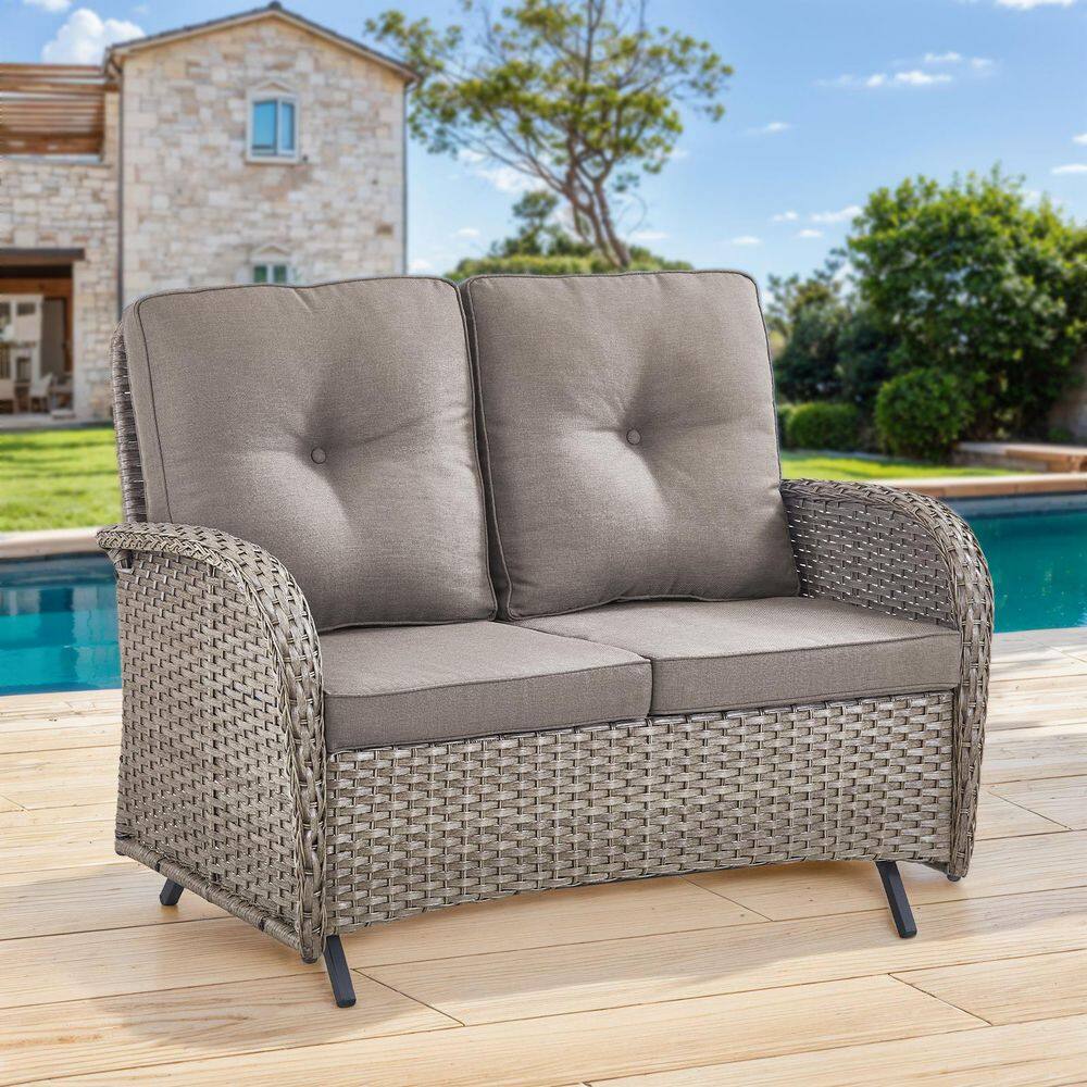 Pocassy 2-Person Gray Wicker Patio Outdoor Glider with Cushion Guard ...