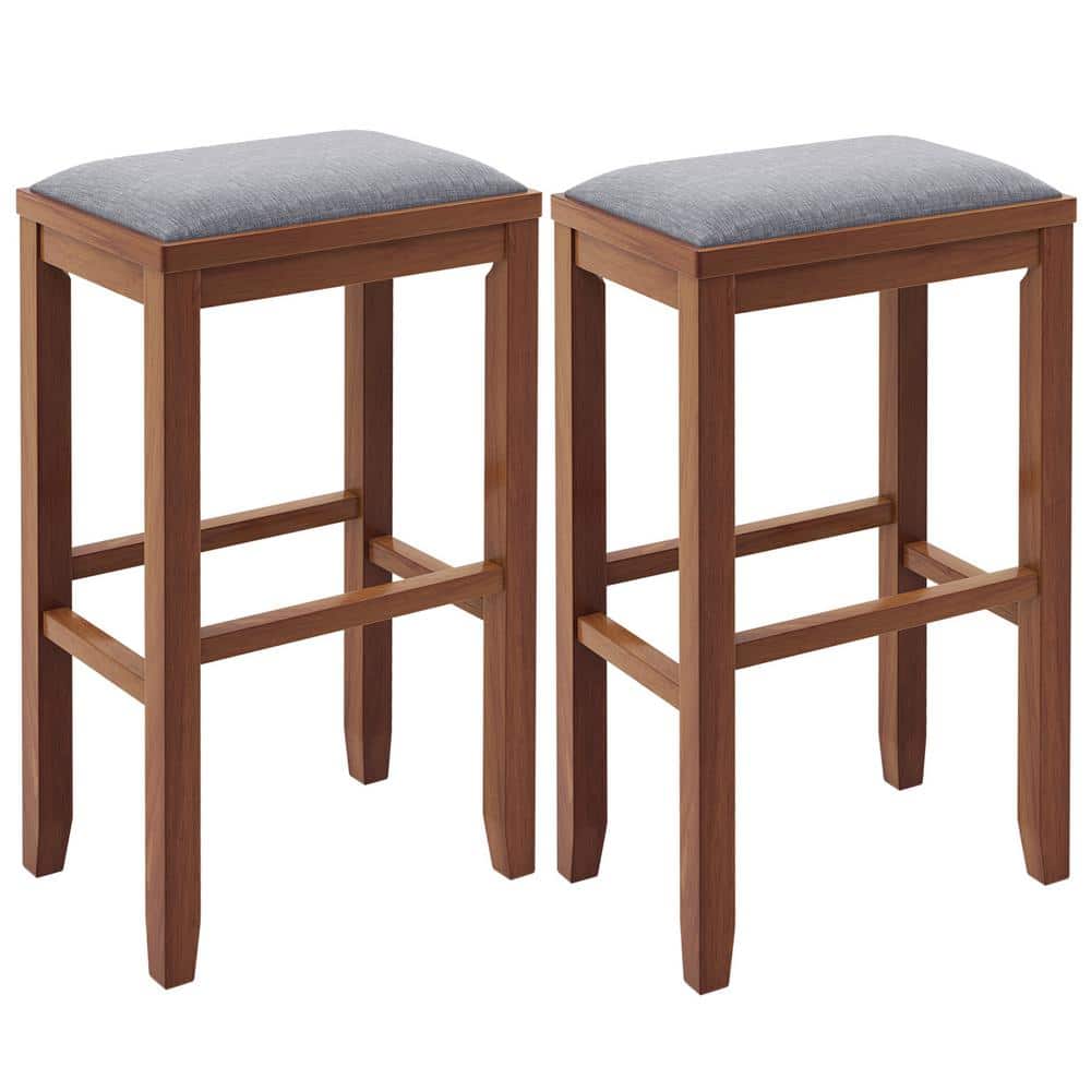 Costway 31 in. Walnut Upholstered Bar Stools Wooden Bar Height Dining ...
