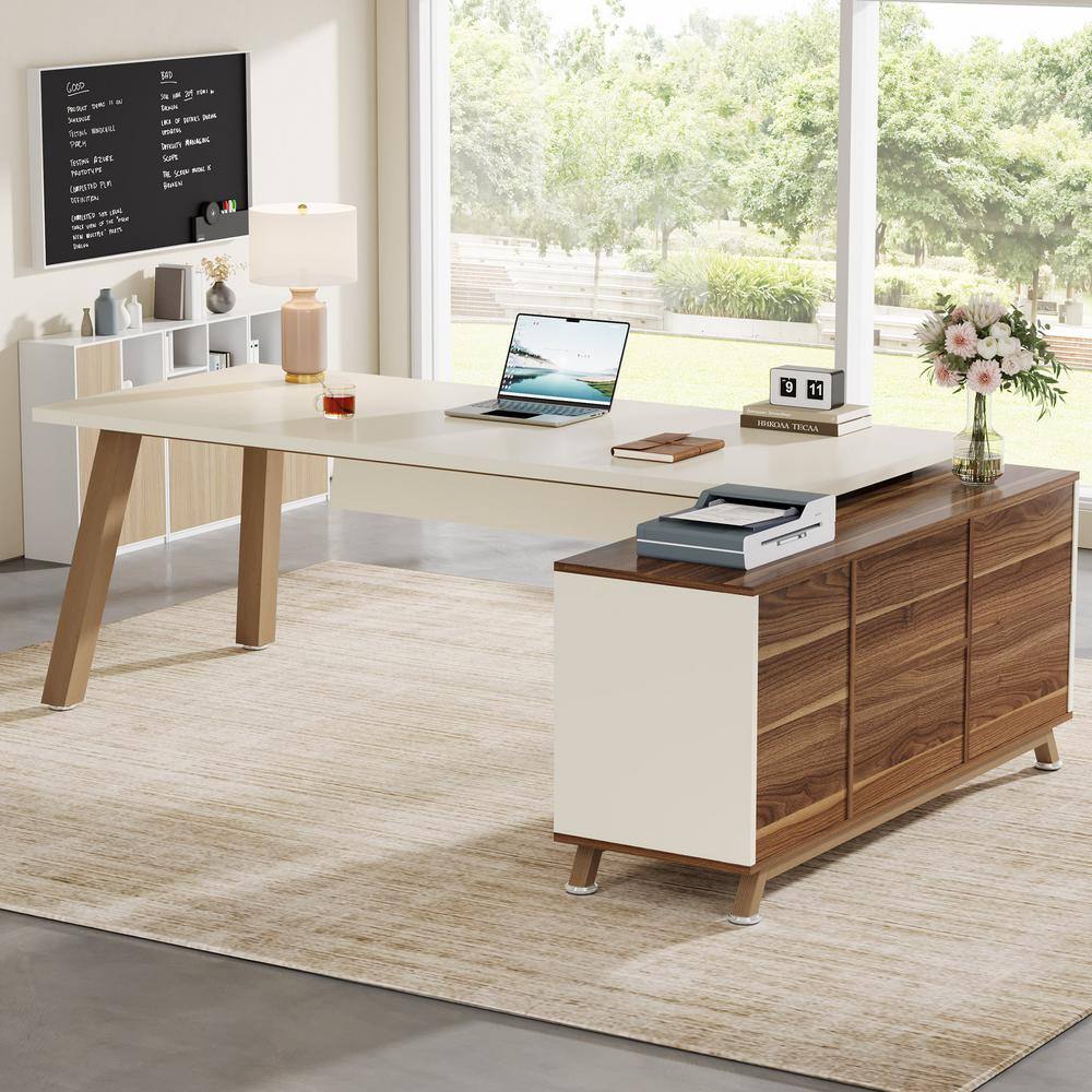 BYBLIGHT Lanita 71 in. L-Shaped White Wood 2-Drawer Executive Desk with ...