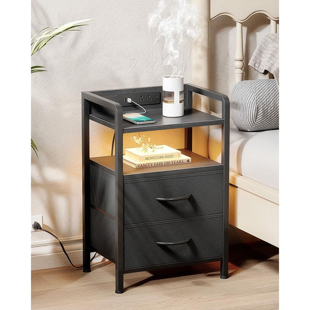 Merra FlexCore Black 2-Drawer 15.6 in. W Modern Nightstand with ...