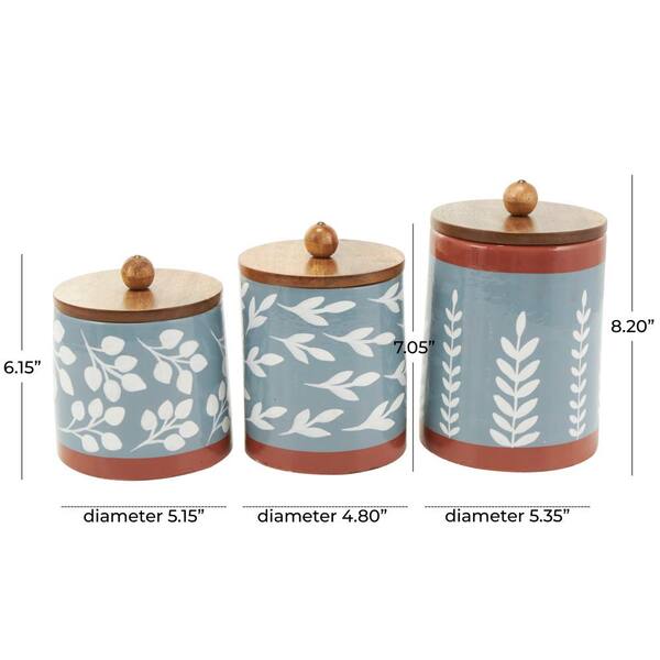 Litton Lane Light Blue Floral Ceramic Decorative Canisters with Wood Lids Set of 3