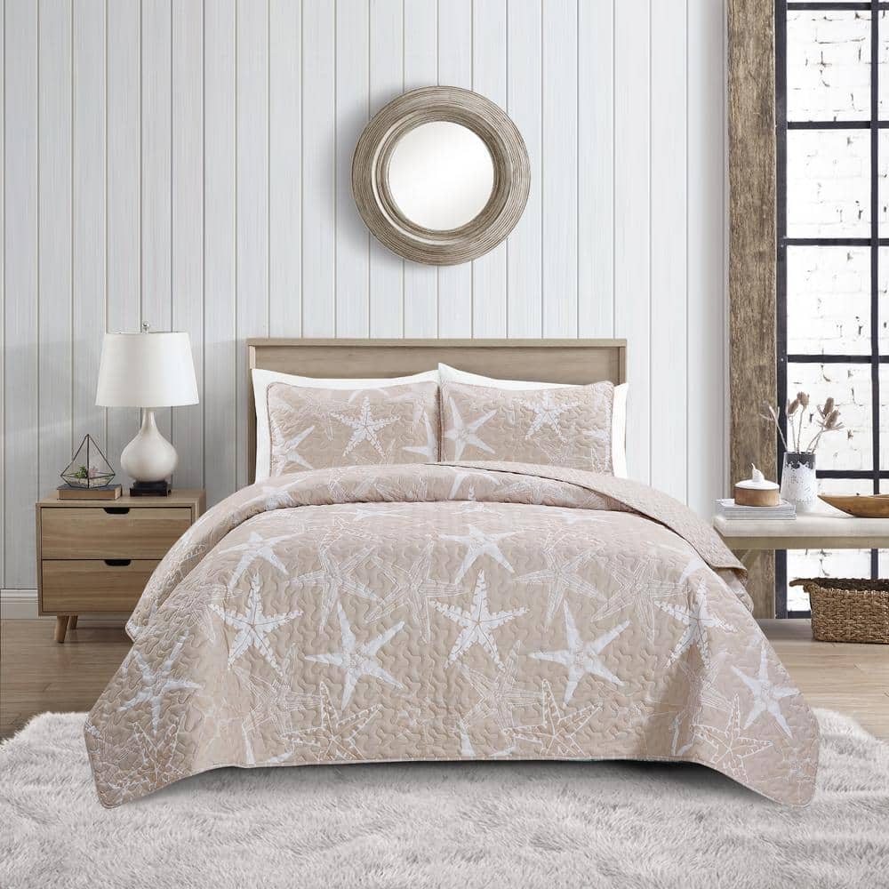VIDERI HOME Starfish Beach Beige Full/Queen Microfiber Quilt Set 104857 ...