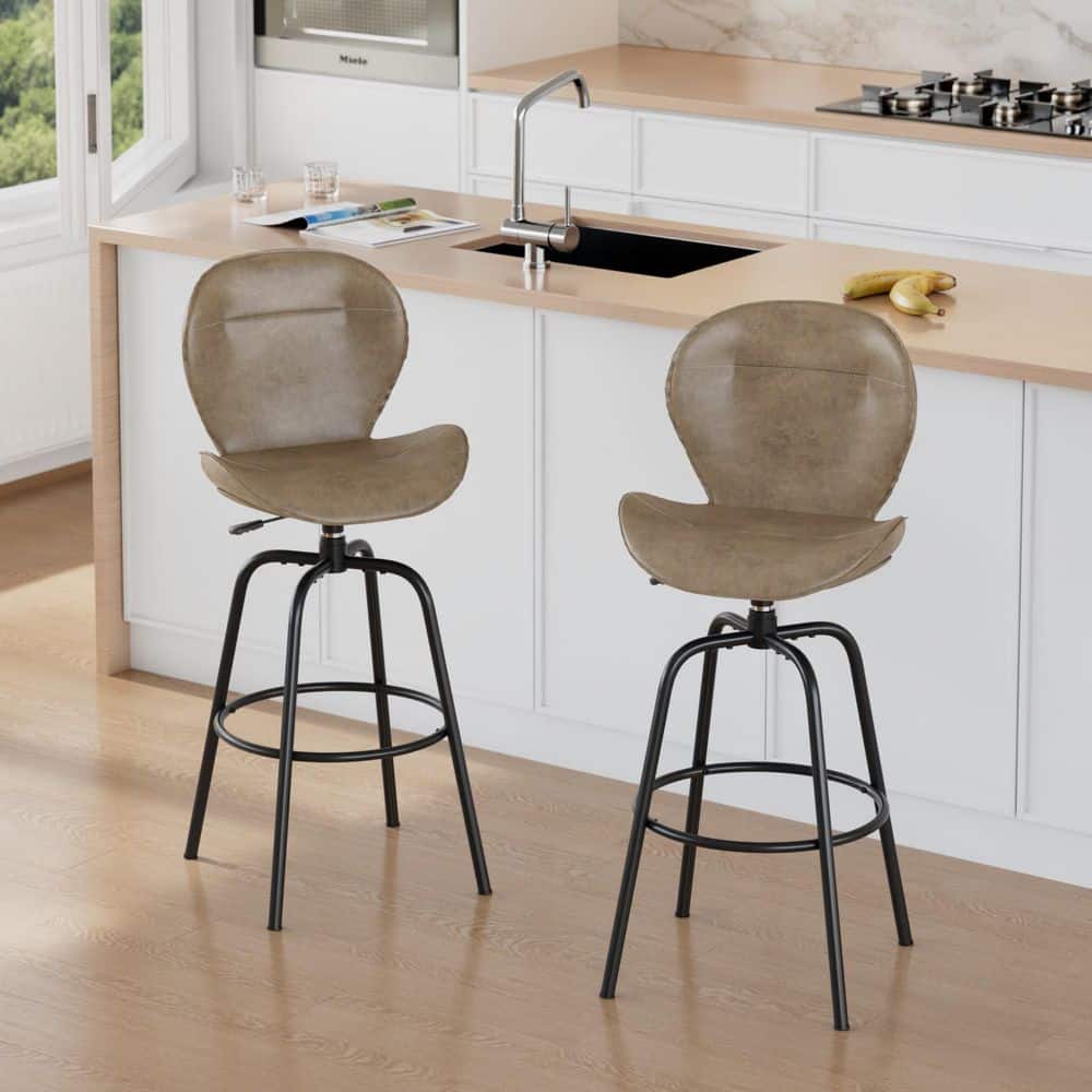 VECELO Swivel Bar Stools (Set of 2), Brown 45.3 in. Metal Faux Leather ...