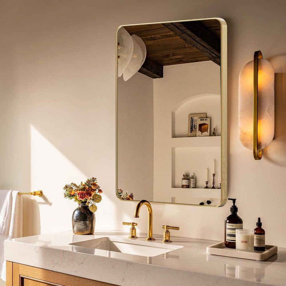 Sxiawe 30 in. W x 40.2 in. H Gold Rectangle Aluminum Frame Wall-Mounted ...