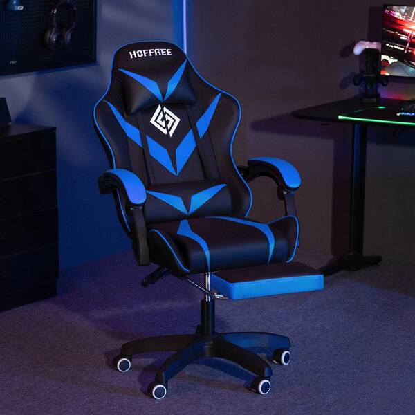 Hoffree Faux Leather Massage Reclining Ergonomic Gaming Chair in Blue ...