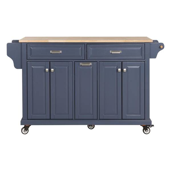 Blue Rubber Wood Kitchen Cart with 4 Door Cabinet,3-Drawers, Spice Rack ...