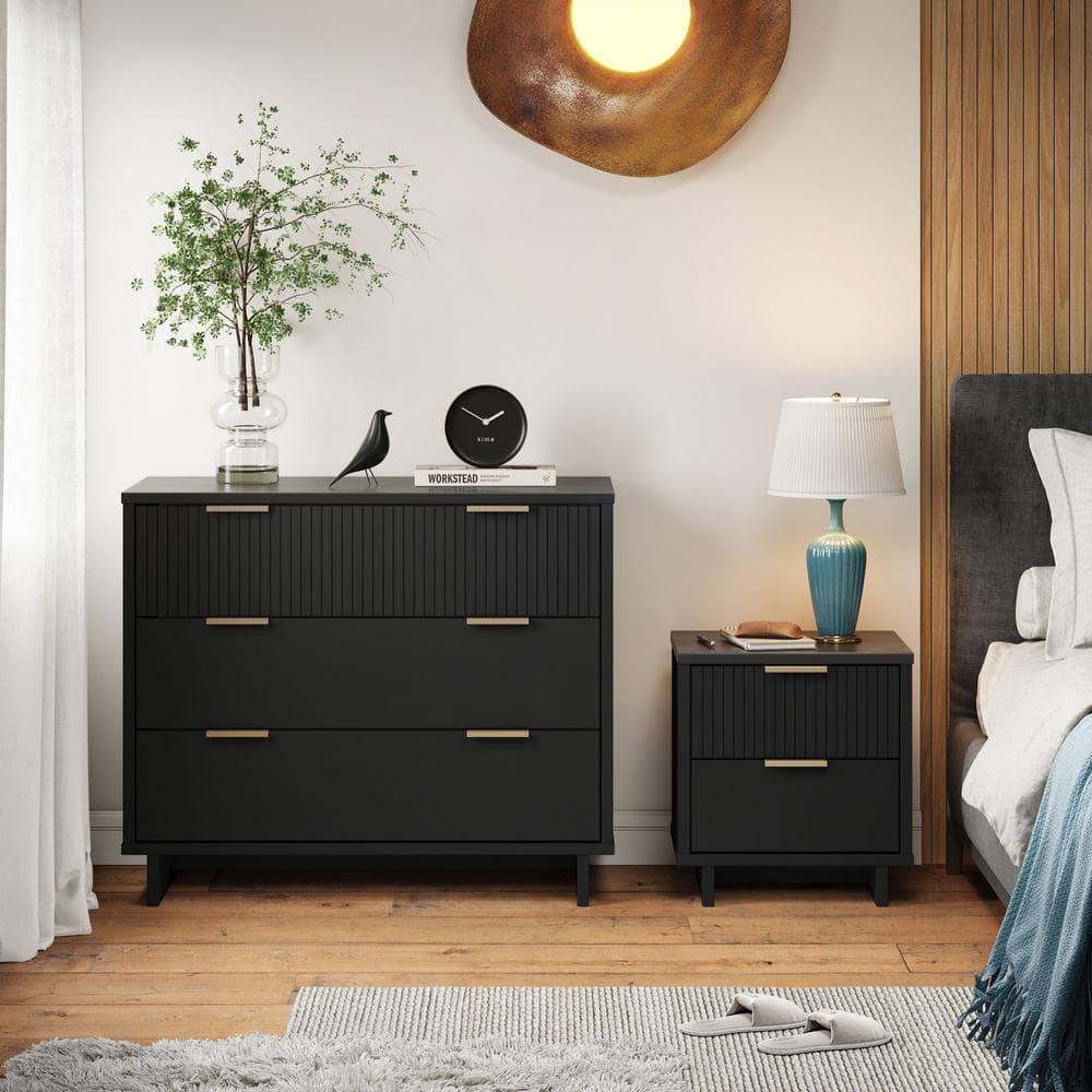 Manhattan Comfort Granville Black 2-Drawer 18.11 in. W Nightstand and 3 ...