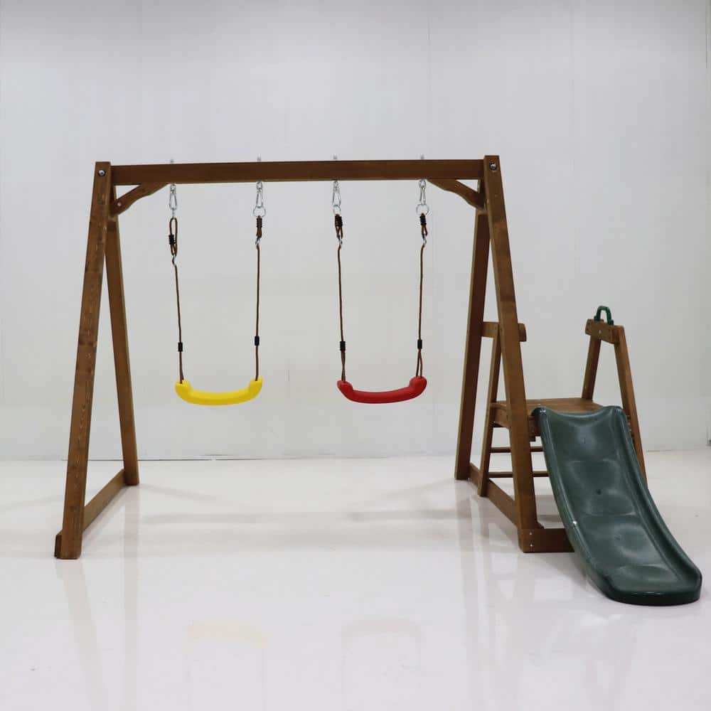 TIRAMISUBEST Wood Outdoor Kids Backyard Playset Swing Set with Slide ...
