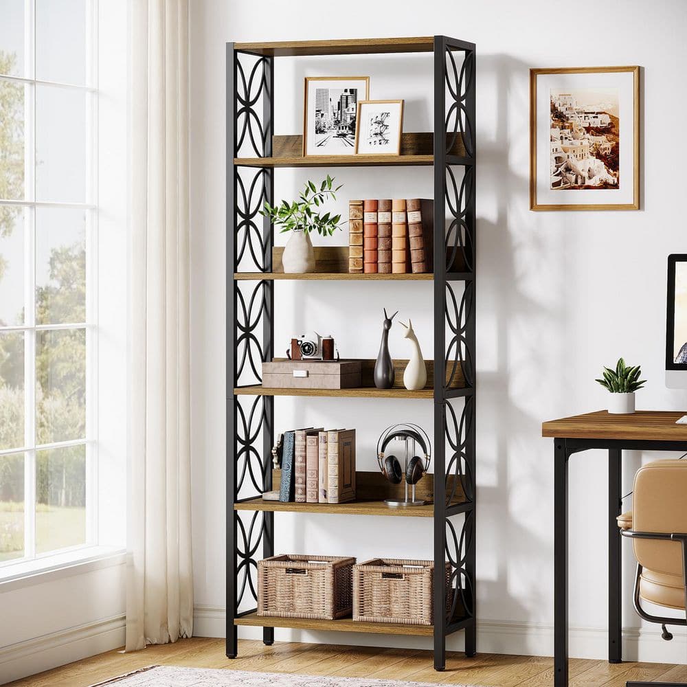 BYBLIGHT Eulas 70.87 in. Tall Brown Wood 6-Shelf Bookcase with Unique ...