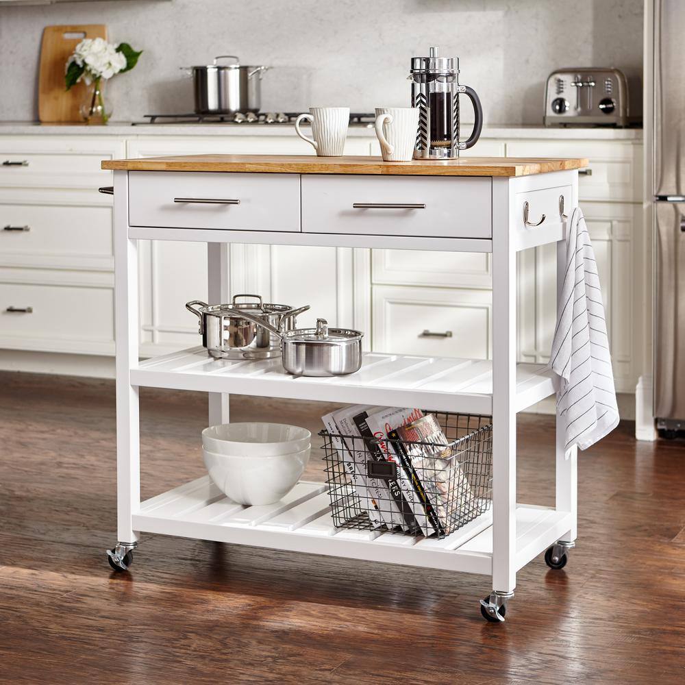 StyleWell Glenville Cream White Rolling Kitchen Cart with Butcher Block ...
