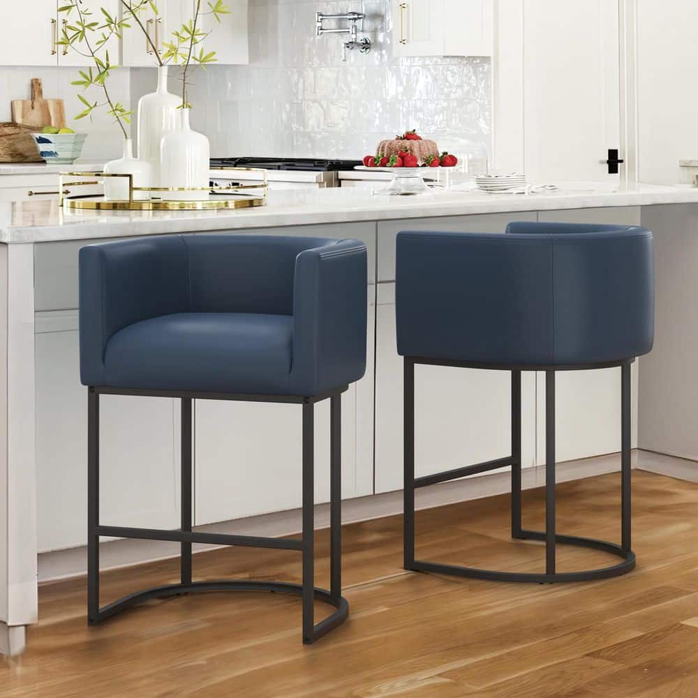 LUE BONA Jessica 26 in. Navy Counter Bar Stool Faux Leather Upholstered ...