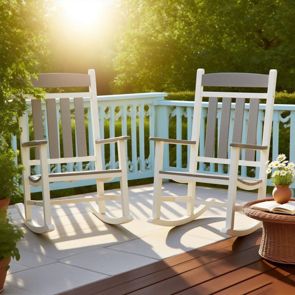Gray-White Plastic Outdoor Rocking Chairs with 300 lbs. Support ...