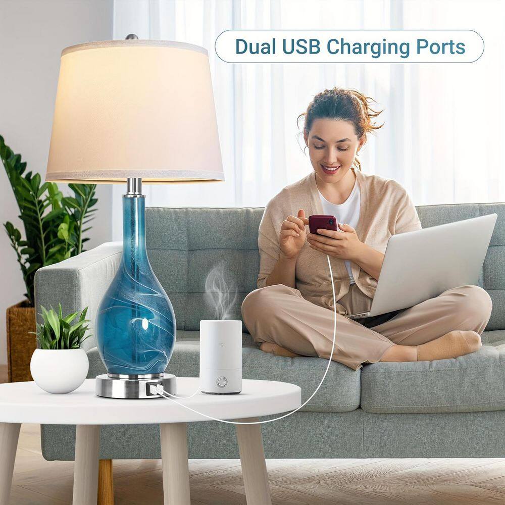 Jushua 25 in. Modern Blue Glass Table Lamps, Dimmable Nightstand Lamps ...