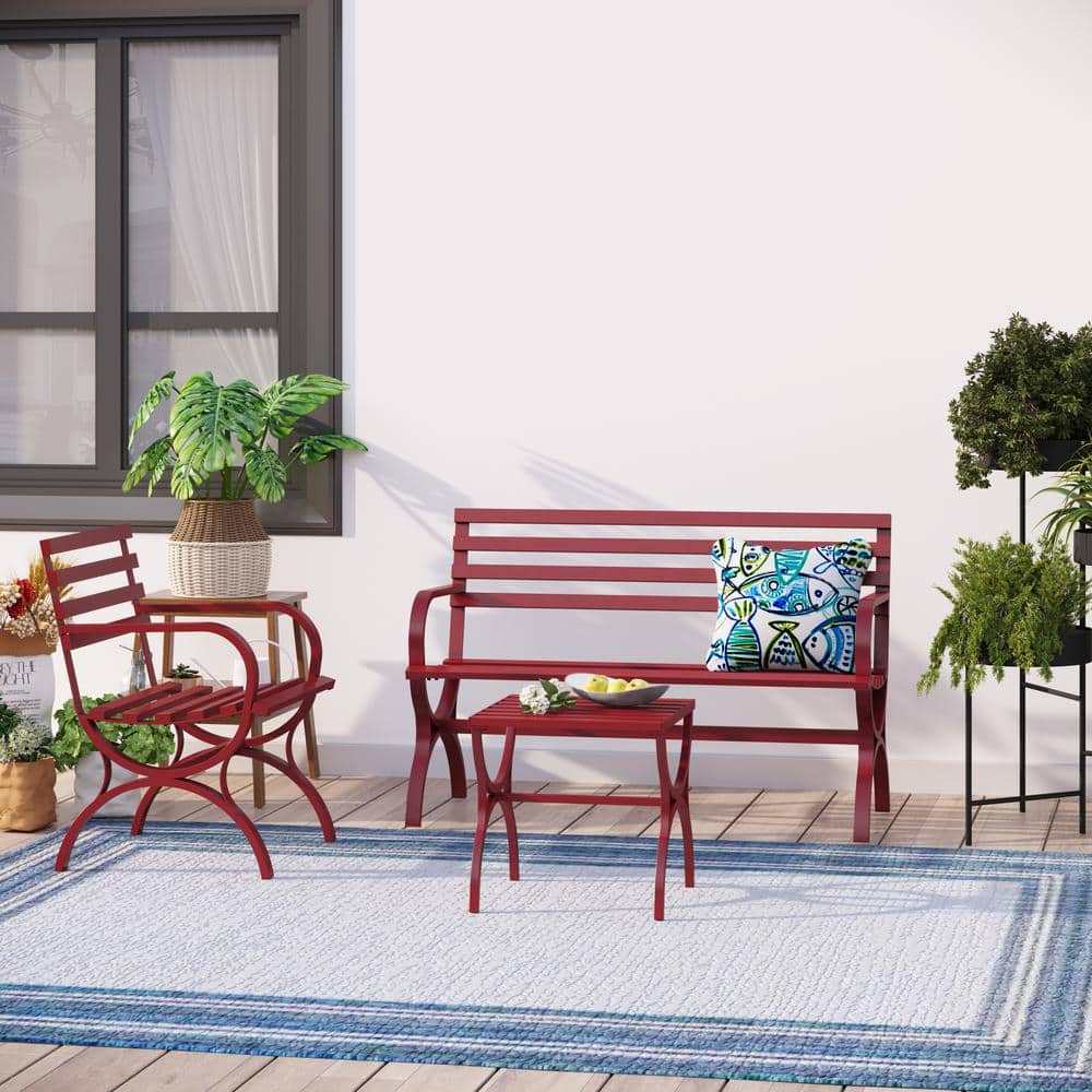 PHI VILLA Modern Slatted Red Steel Metal Patio Garden Bench With Side ...
