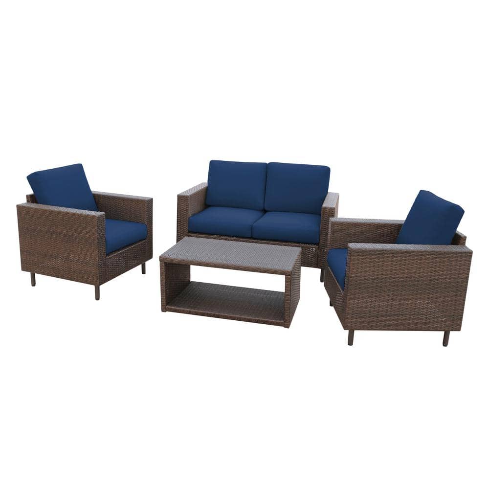 Leisure Made Draper 4-Piece Wicker Outdoor Conversation Set with Navy ...