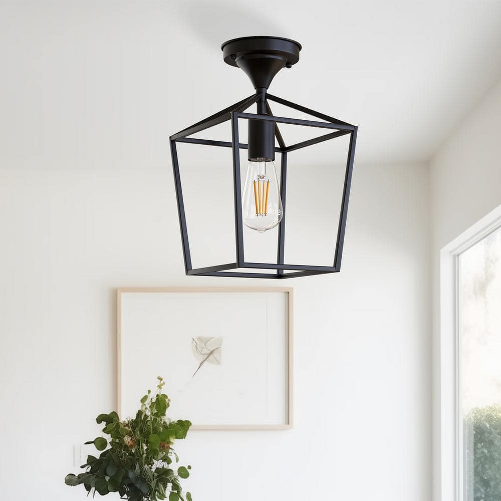 YANSUN 1-Light Black Modern Industrial Cage Semi Flush Mount Ceiling ...