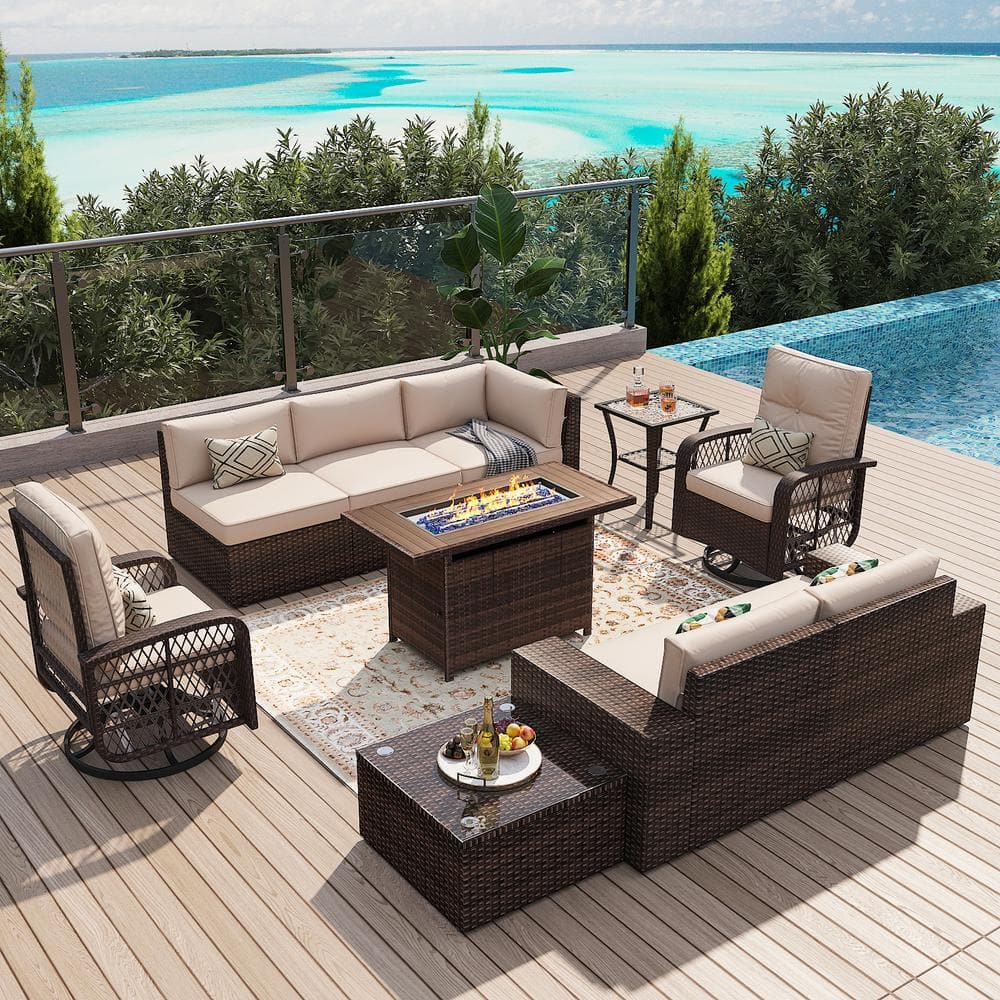 Sizzim 10-Piece Outdoor Fire Pit Patio Set, Sectional Set with Swivel ...